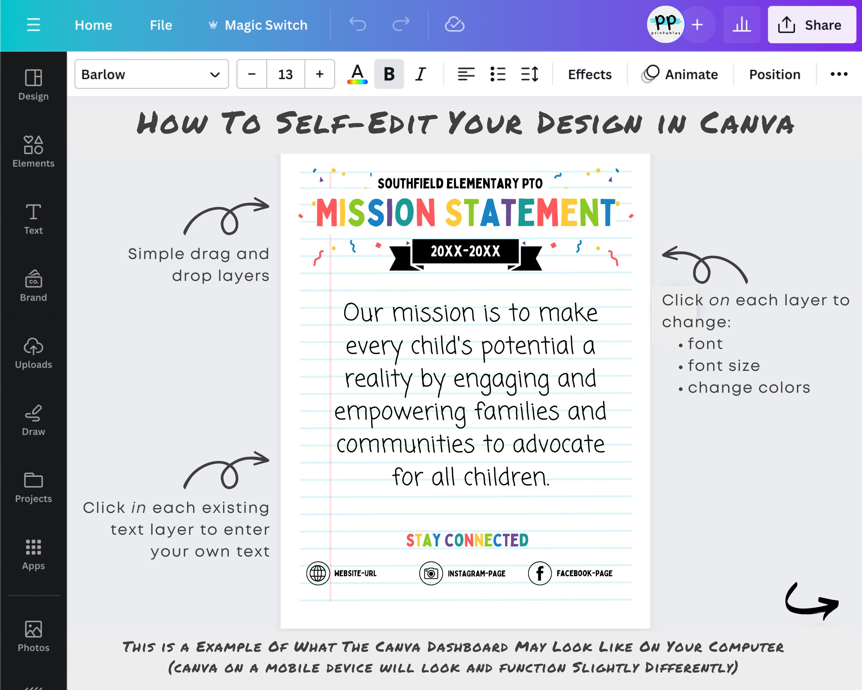 PTA PTO Mission Statement Editable Sign | Canva Template for School ...
