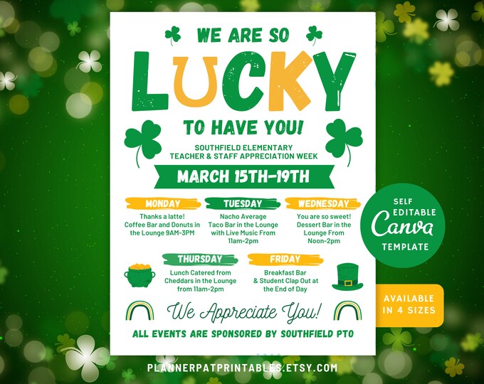 EDITABLE St. Patricks Day Teacher Appreciation Week Itinerary Poster ...