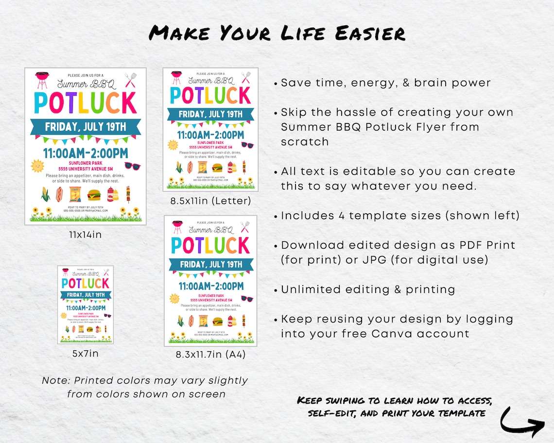 Summer BBQ Potluck Flyer Editable Template, Community BBQ Cookout ...