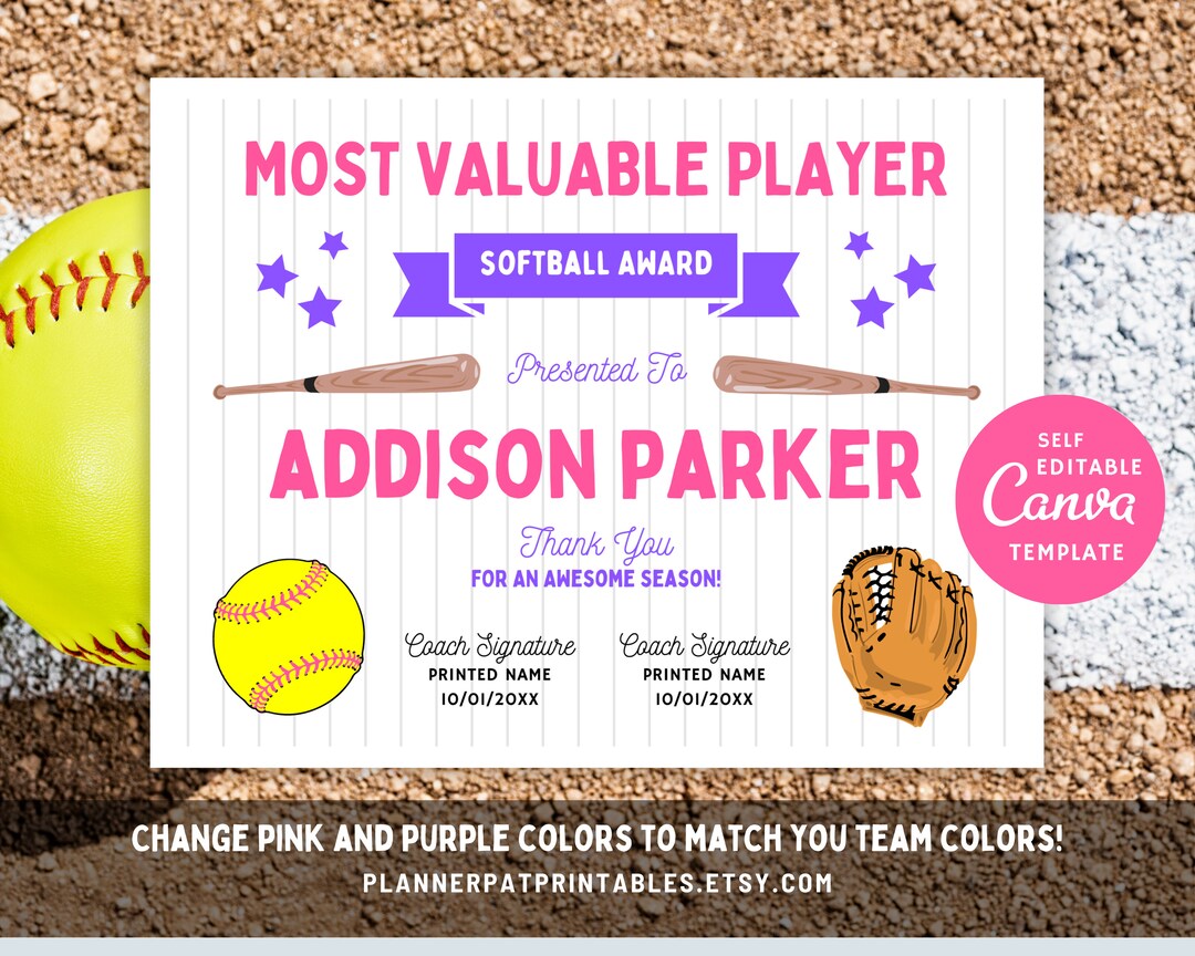 DIY Softball Award Certificate End of Season Canva Editable Template ...