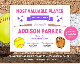 DIY Softball Certificate Template, Editable Girls Sports Award (canva ...