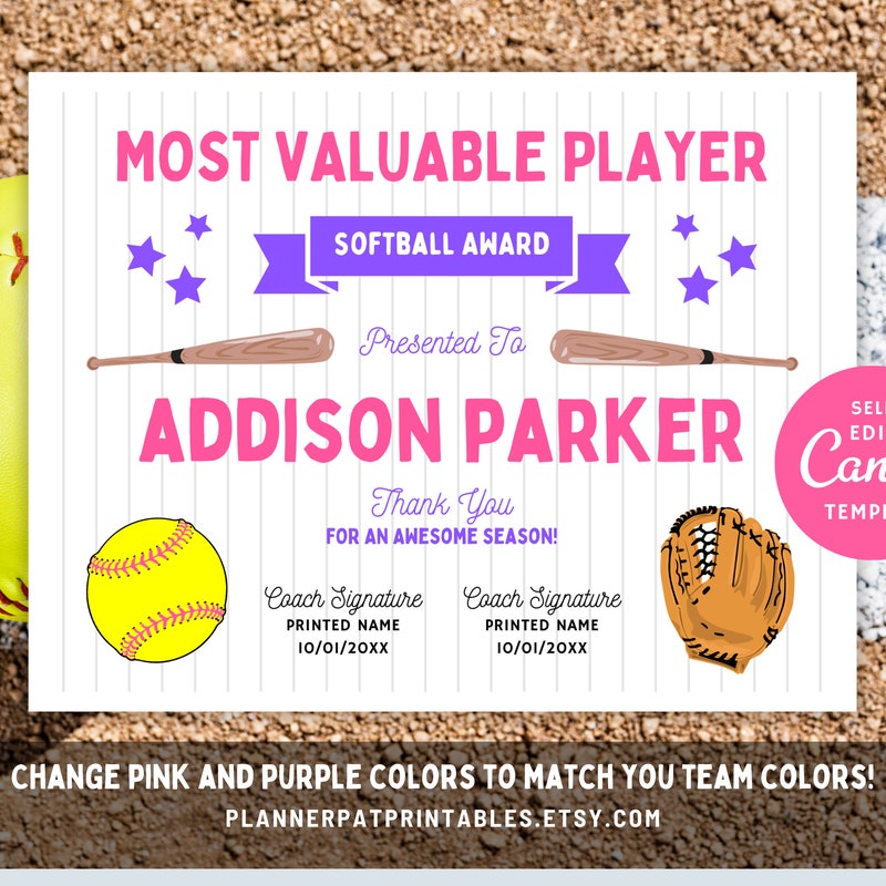 Softball Award Template - Etsy