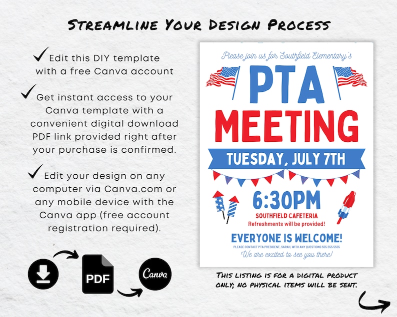 Editable July PTO PTA Meeting Flyer Template, Summer Meeting Reminder ...