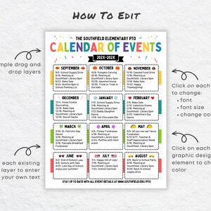 PTA Calendar of Events Flyer Editable Template for PTO Monthly Event ...