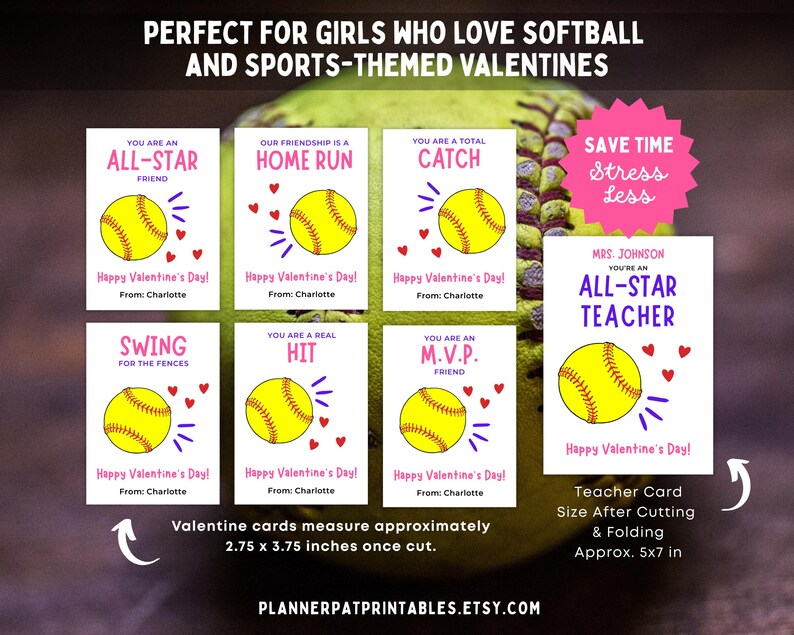 Softball Valentine Cards | Classroom Exchange Sports Tags for Girls (editable & Printable, Canva ...
