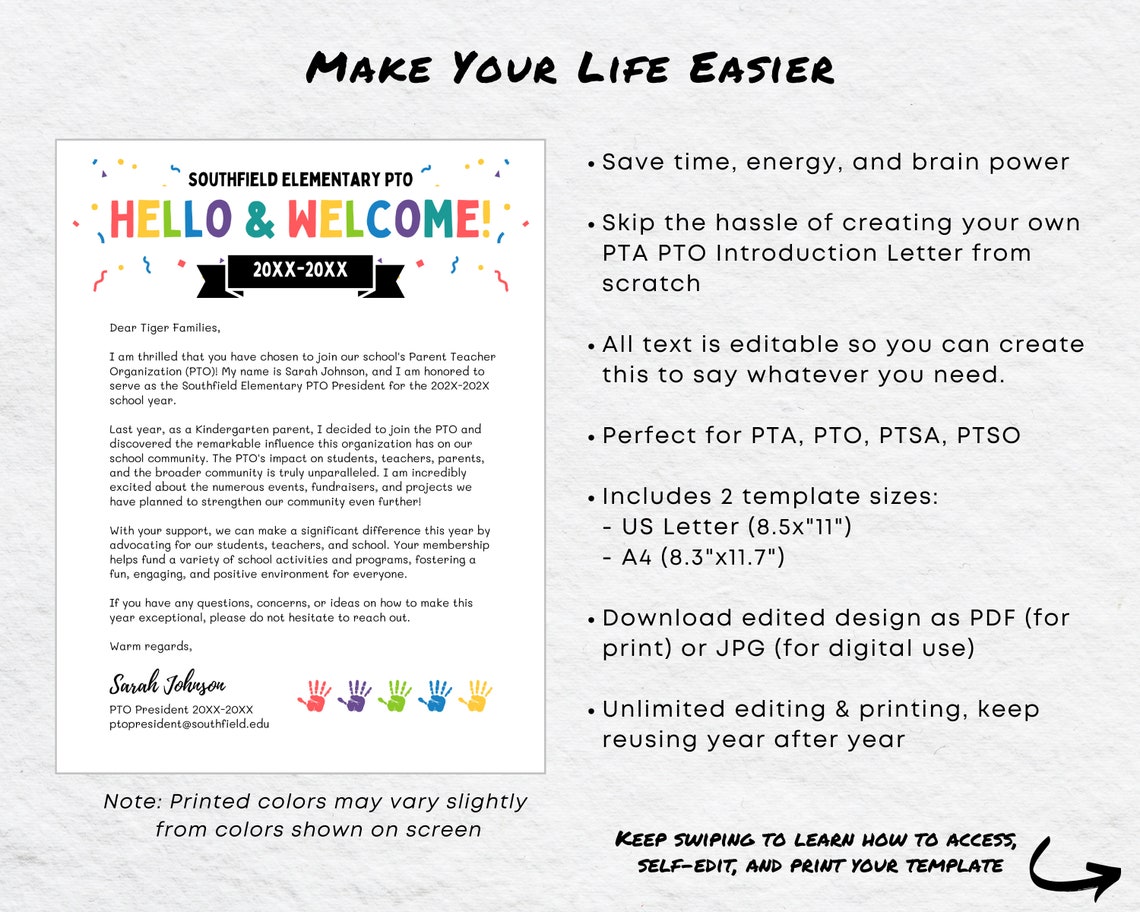 Editable PTO Welcome Letter Printable, PTA Welcome Message, Canva ...