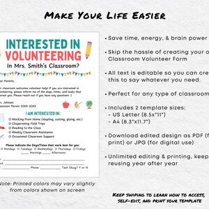 DIY Teacher Classroom Volunteer Form Printable Letter - Editable Parent ...