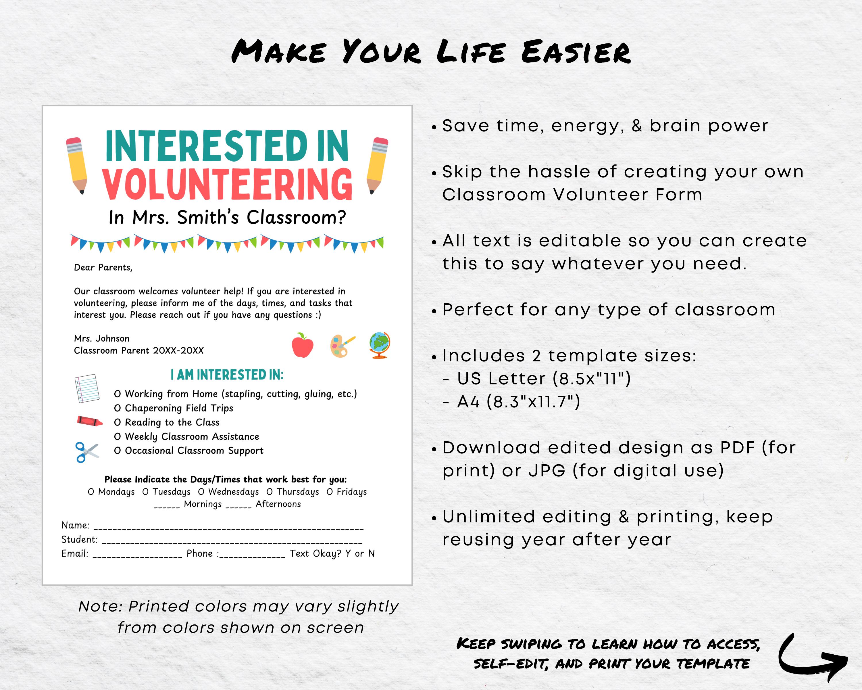 DIY Teacher Classroom Volunteer Form Printable Letter - Editable Parent ...