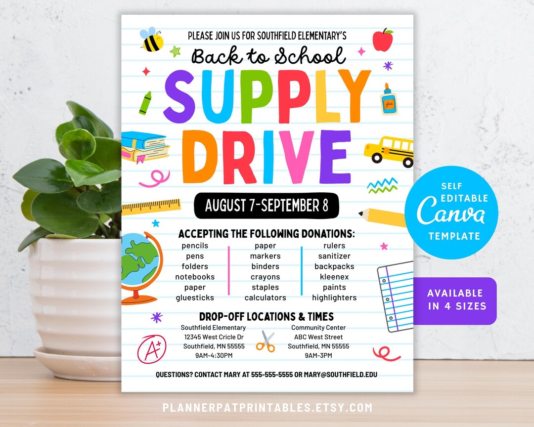 Back to School Supply Drive Flyer Template, Editable Classroom Donation ...