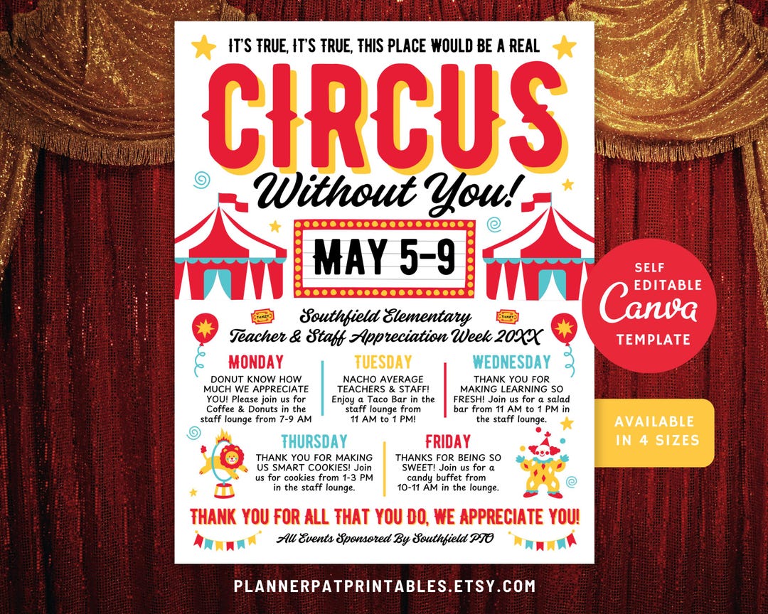 Editable Circus Teacher Appreciation Week Itinerary Flyer Printable ...