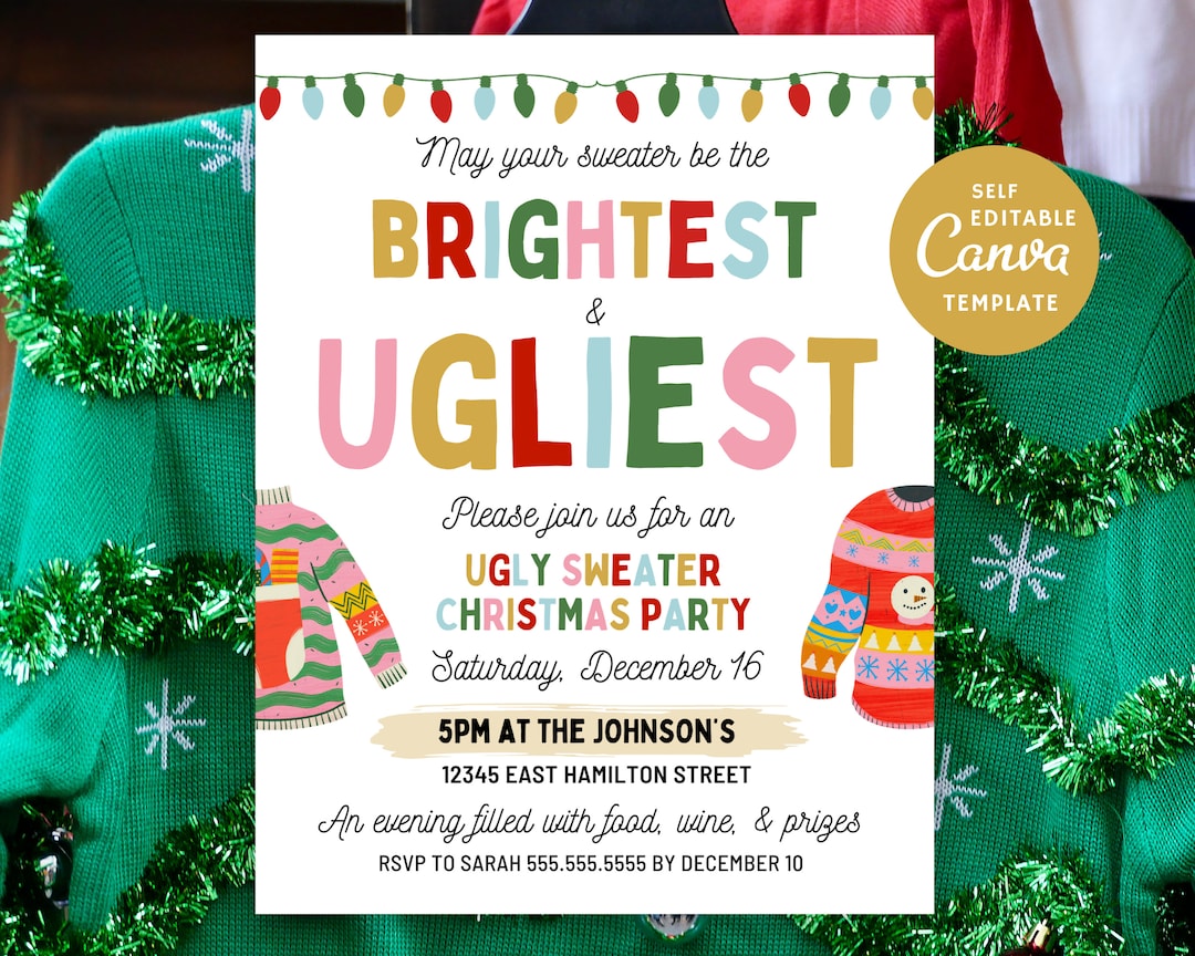 Editable Ugly Sweater Party Invitation, DIY Tacky Christmas Sweater ...