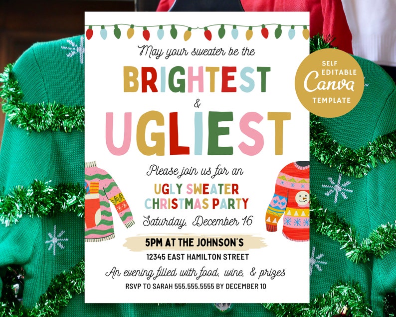 Editable Ugly Sweater Party Invitation, DIY Tacky Christmas Sweater ...
