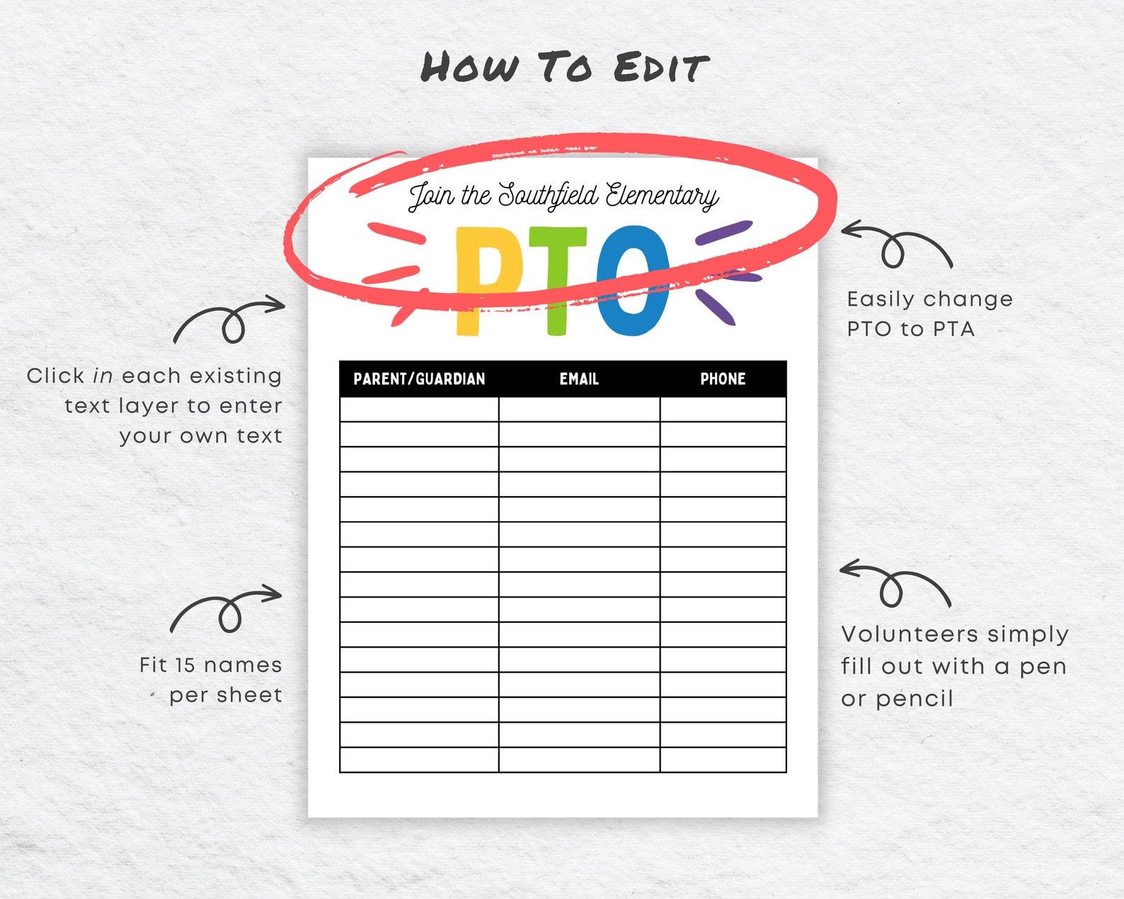 PTO Sign up Sheet Editable Canva Template, Edit for PTA - Etsy