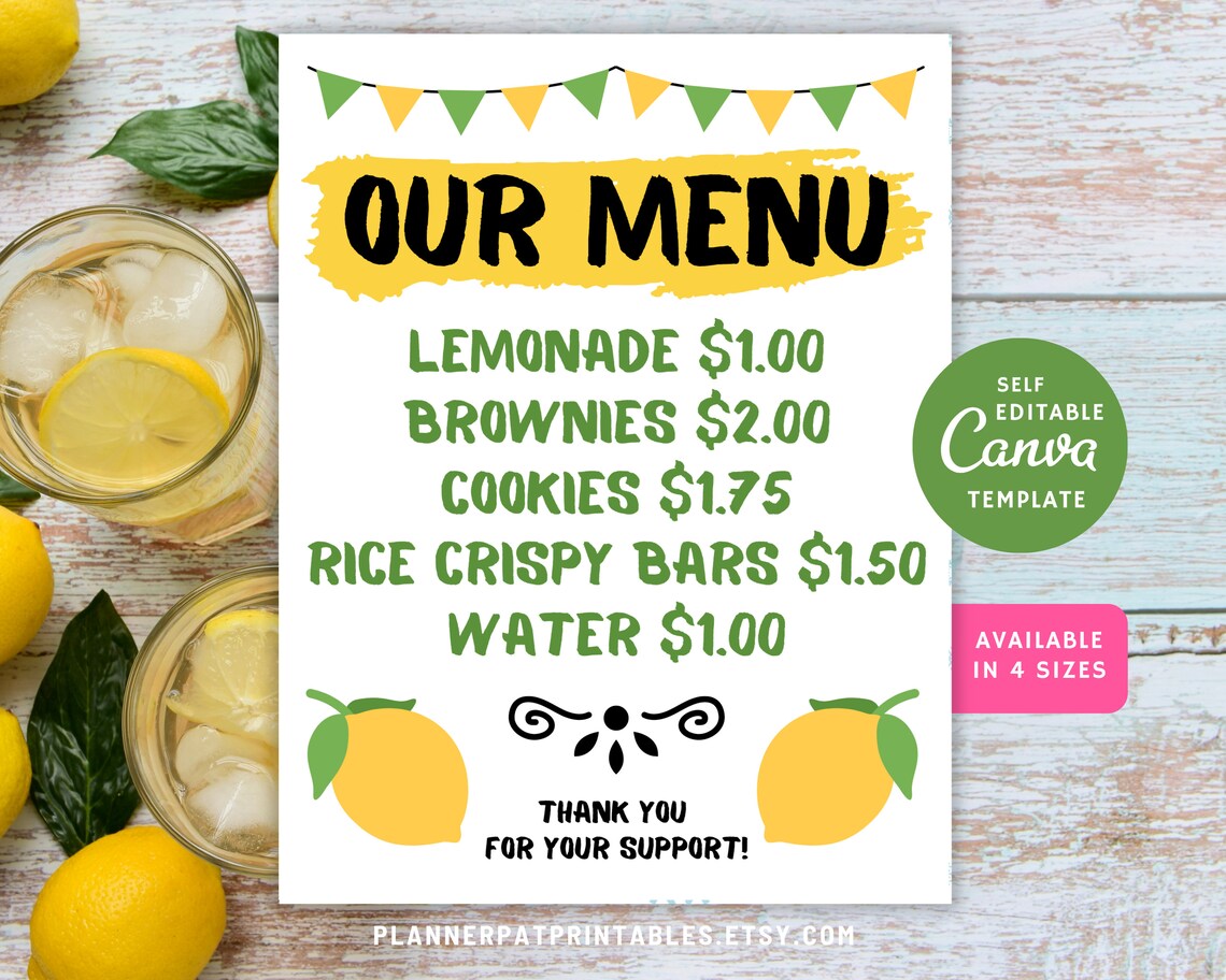 Editable Lemonade Stand Menu Printable, Kids Lemonade Pricing Sign ...