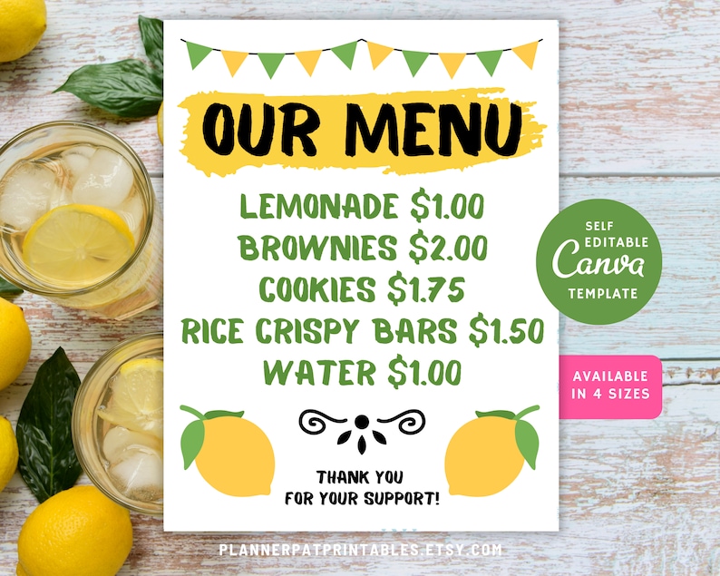 Editable Lemonade Stand Menu Printable, Kids Lemonade Pricing Sign ...