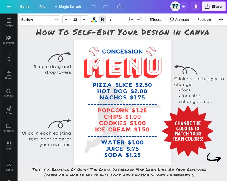 Baseball Concession Stand Menu: Editable Sports Pricing Sign (canva ...