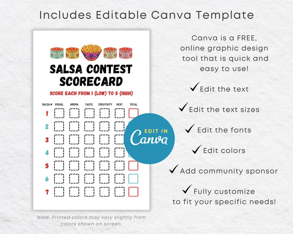 Editable Salsa Contest Scorecard Template | Tasting Judging Sheet ...