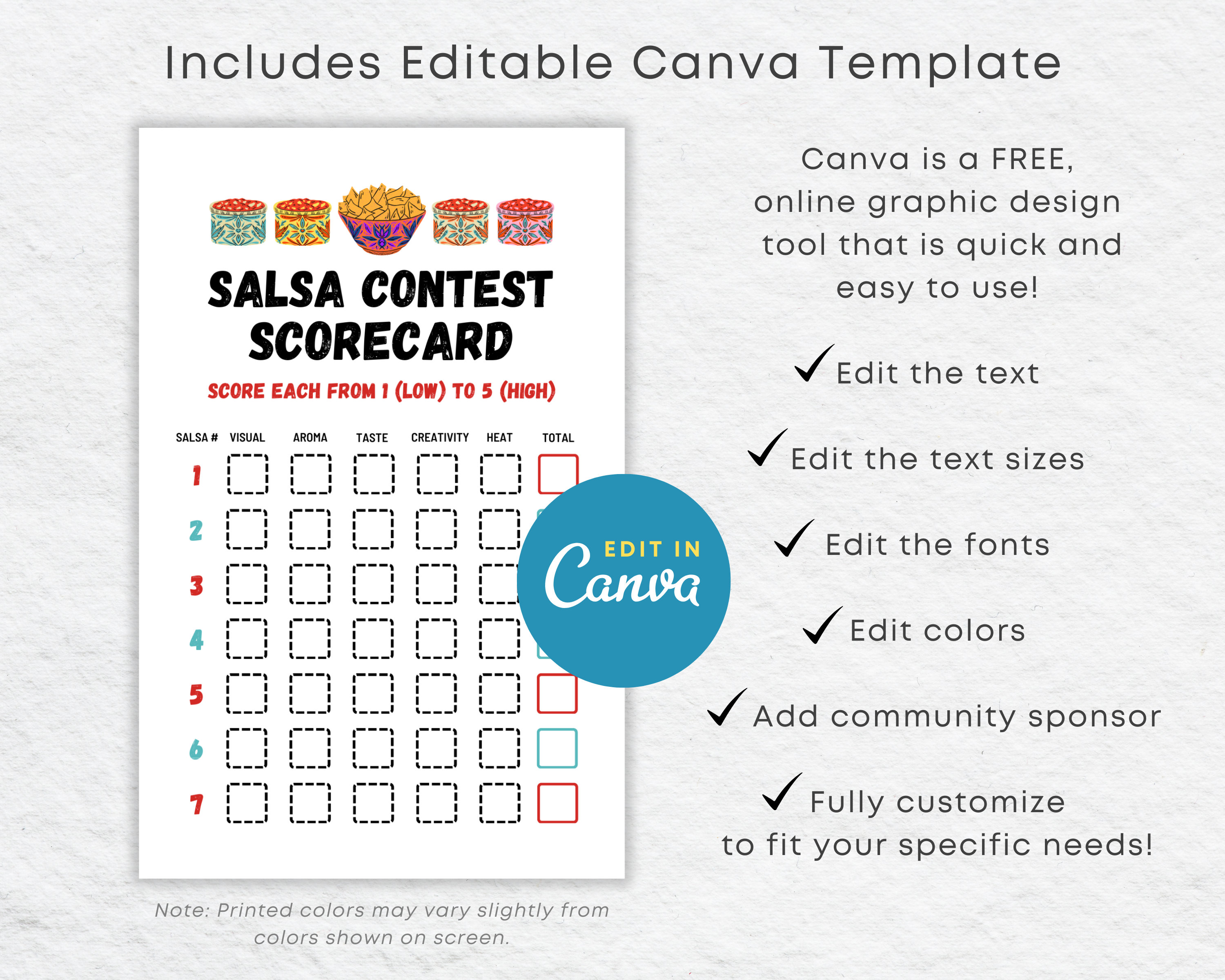 Editable Salsa Contest Scorecard Template | Tasting Judging Sheet ...