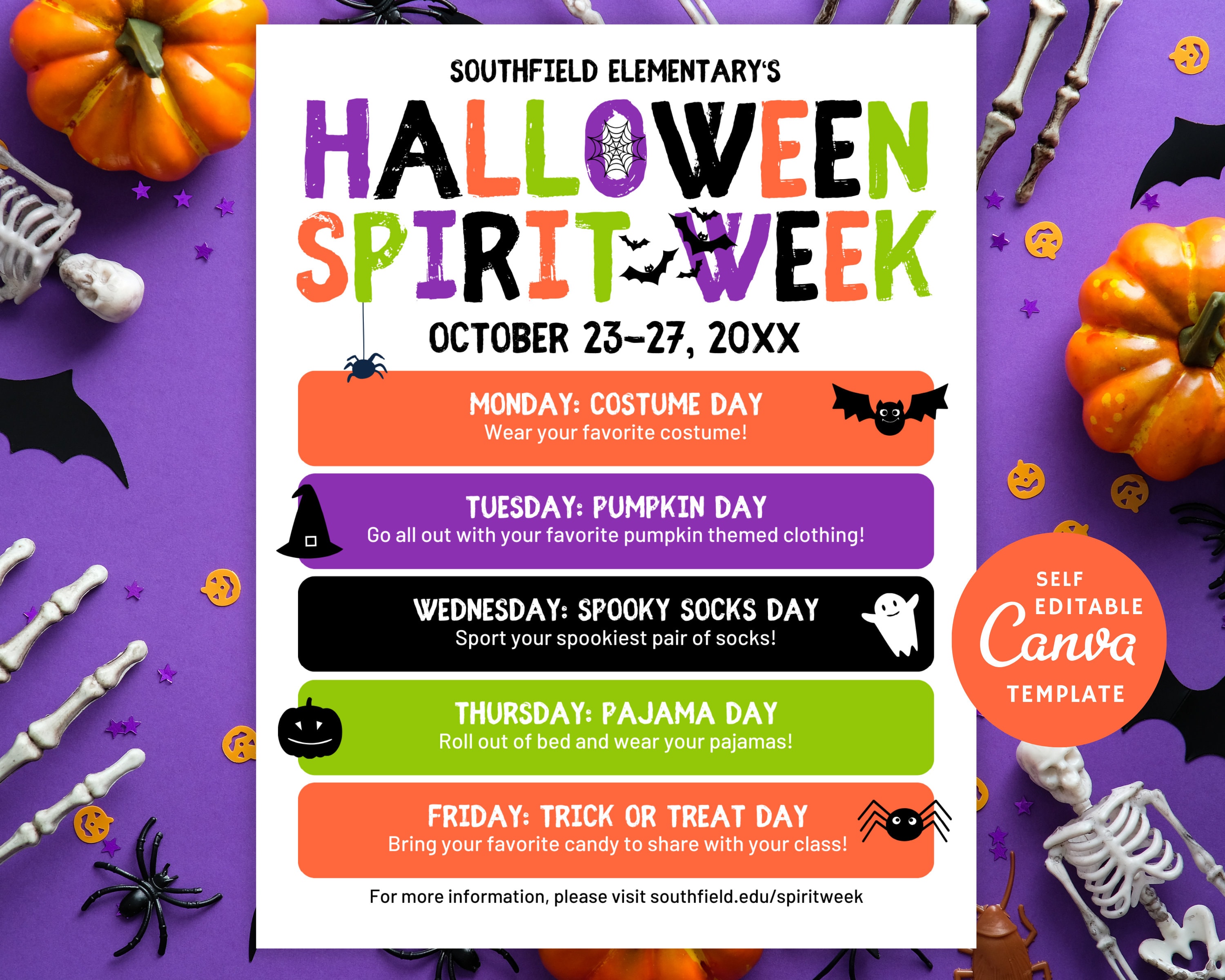 Editable Halloween Spirit Week Flyer: School Theme Days (canva, Digital ...