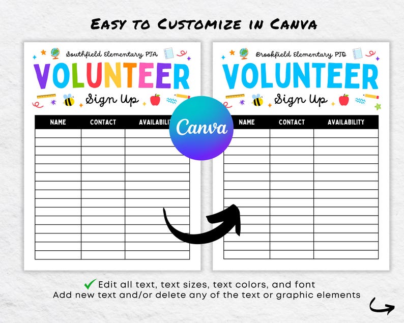 Editable Volunteer Sign up Sheet Template: PTA/PTO Recruitment Form ...