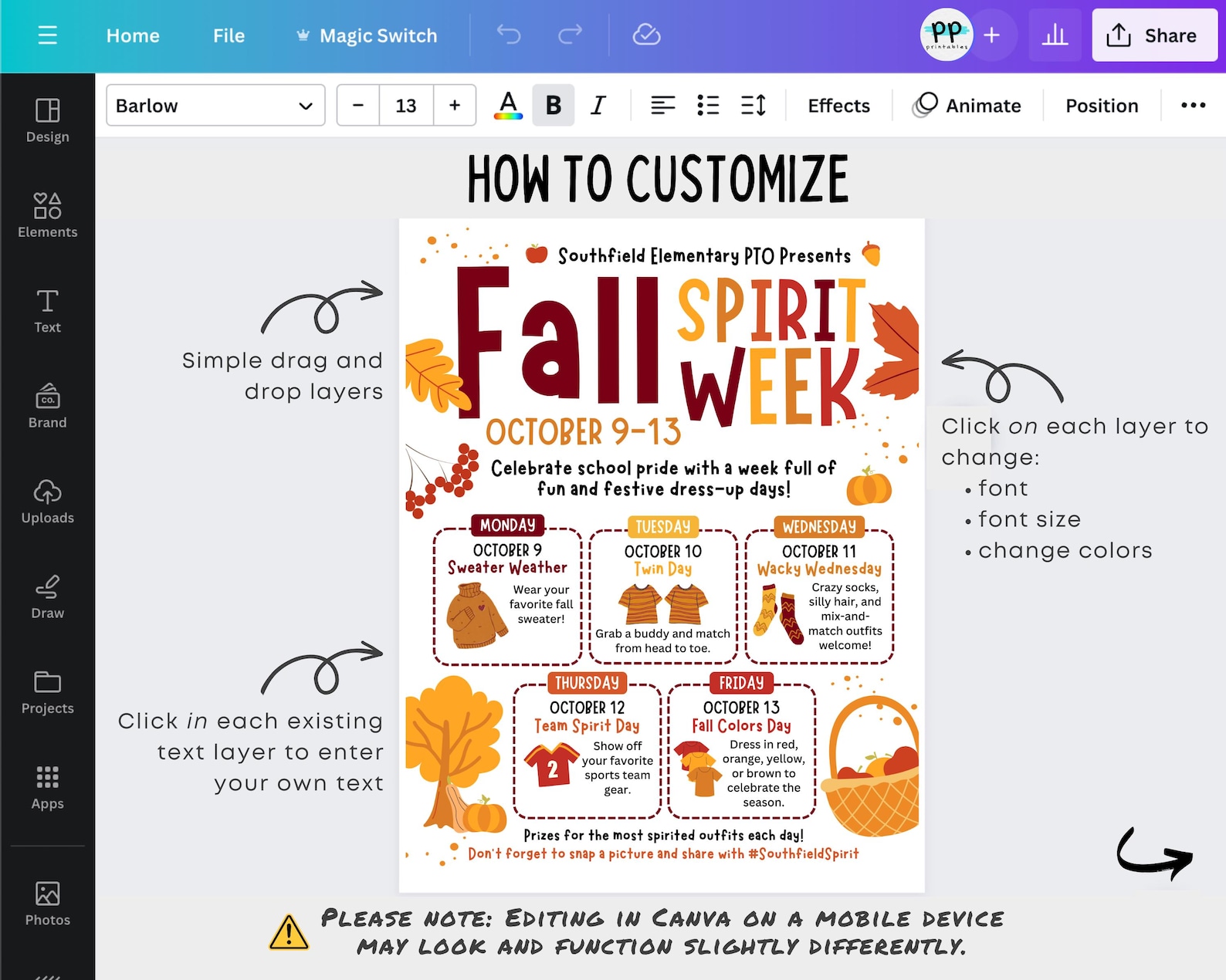 Editable Fall Spirit Week Flyer: Autumn Dress up Schedule (canva ...