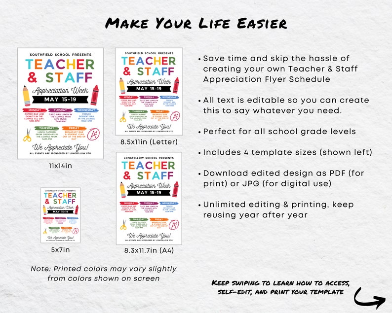 Editable Teacher & Staff Appreciation Week Flyer Itinerary Canva ...