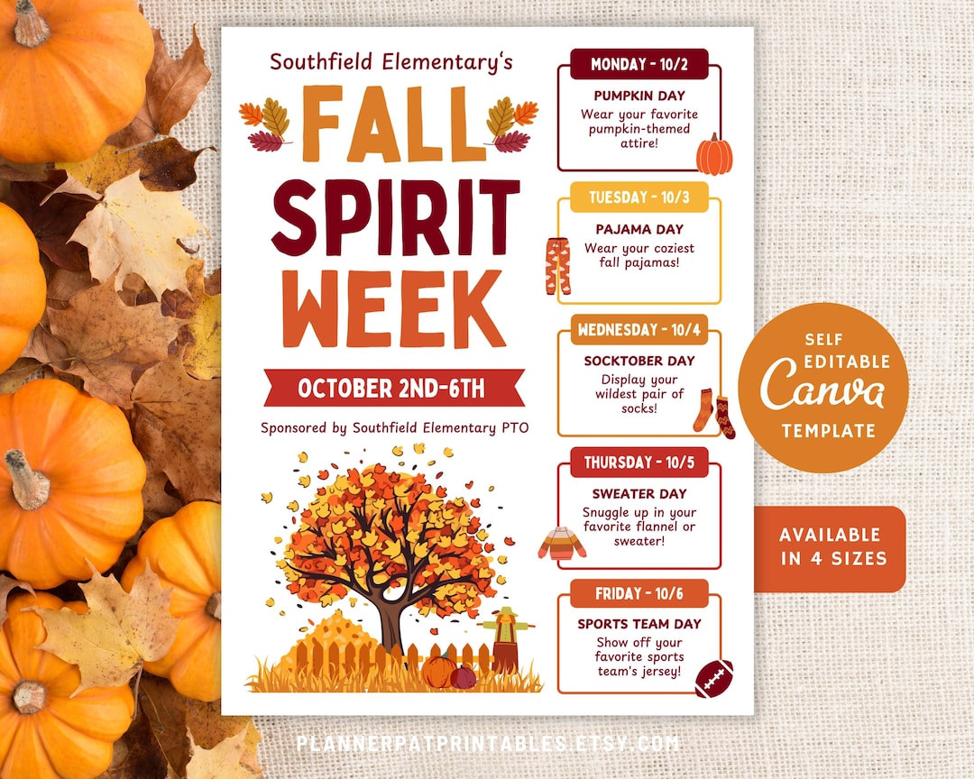 DIY Fall Spirit Days Flyer Schedule Template, Autumn Spirit Week ...