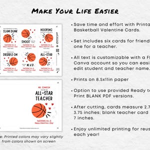 Printable Basketball Valentine Cards, Kids Classroom Valentines Day ...