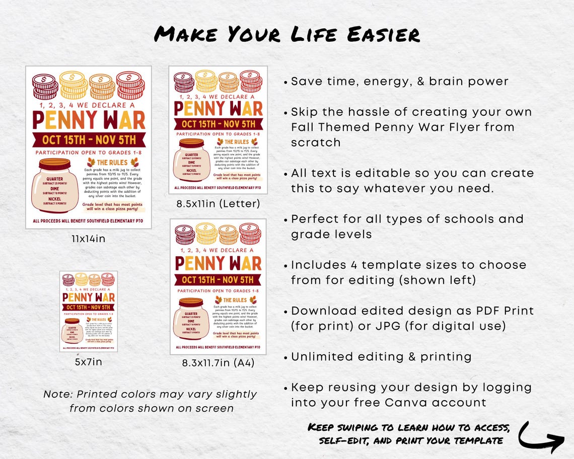 Fall Themed Penny War Flyer Editable Template, Coin Drive Fundraiser ...