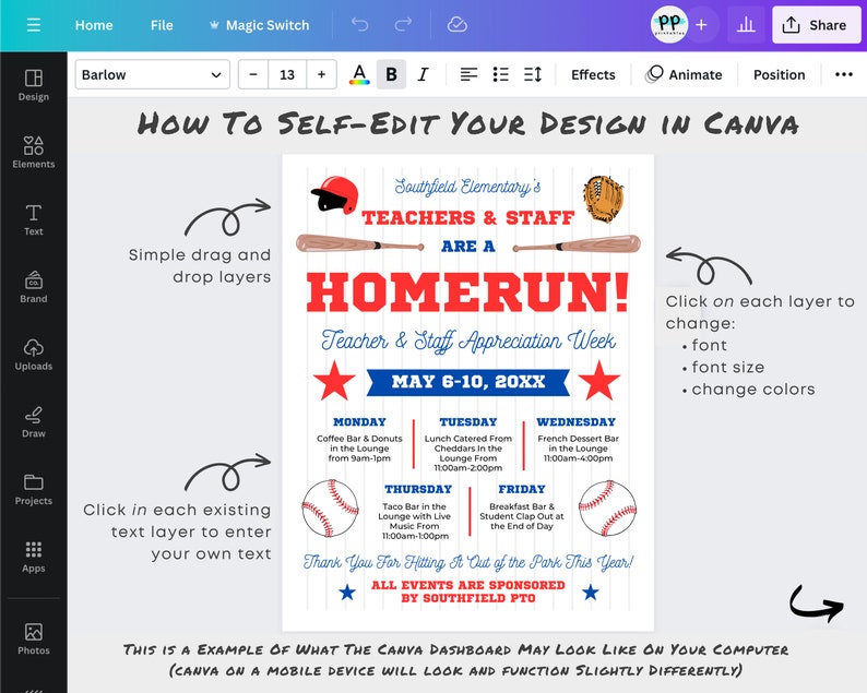 Baseball Theme Teacher Appreciation Week Itinerary Flyer (editable ...