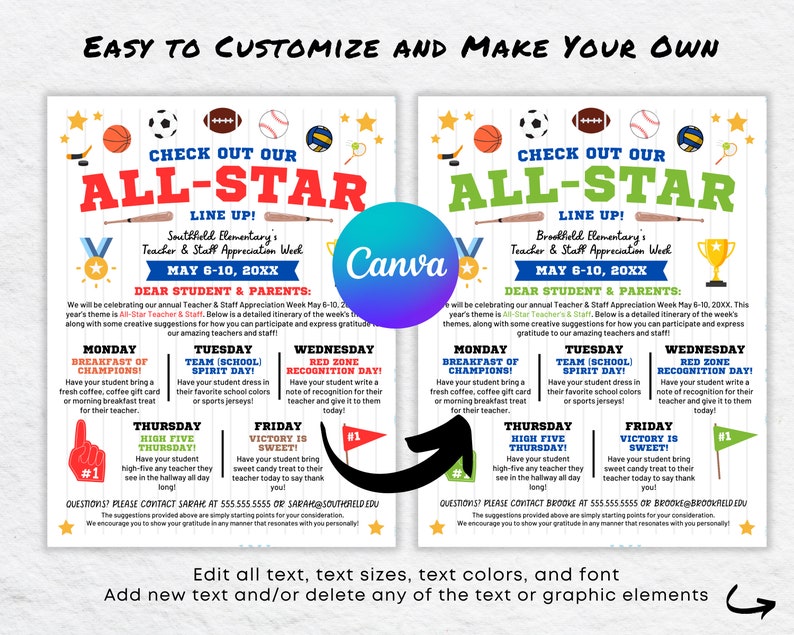 Editable Sports All Star Theme Parent Newsletter Itinerary Flyer for ...