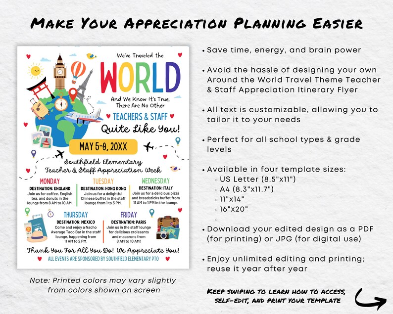 International Theme Teacher Appreciation Week Itinerary Flyer (canva ...