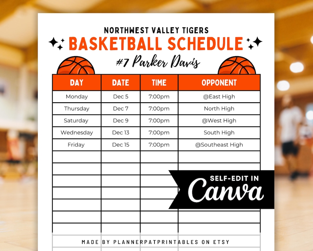 Basketball Schedule Template – Editable Game and Practice Calendar ...