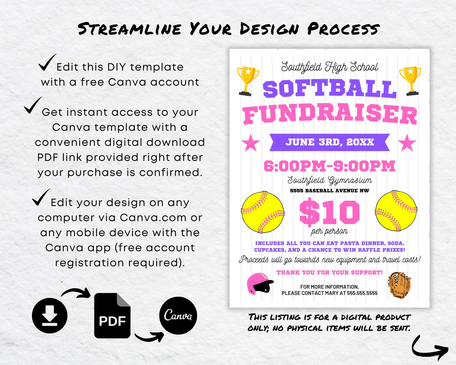 Editable Softball Fundraiser Flyer Template: Canva Raffle Poster ...