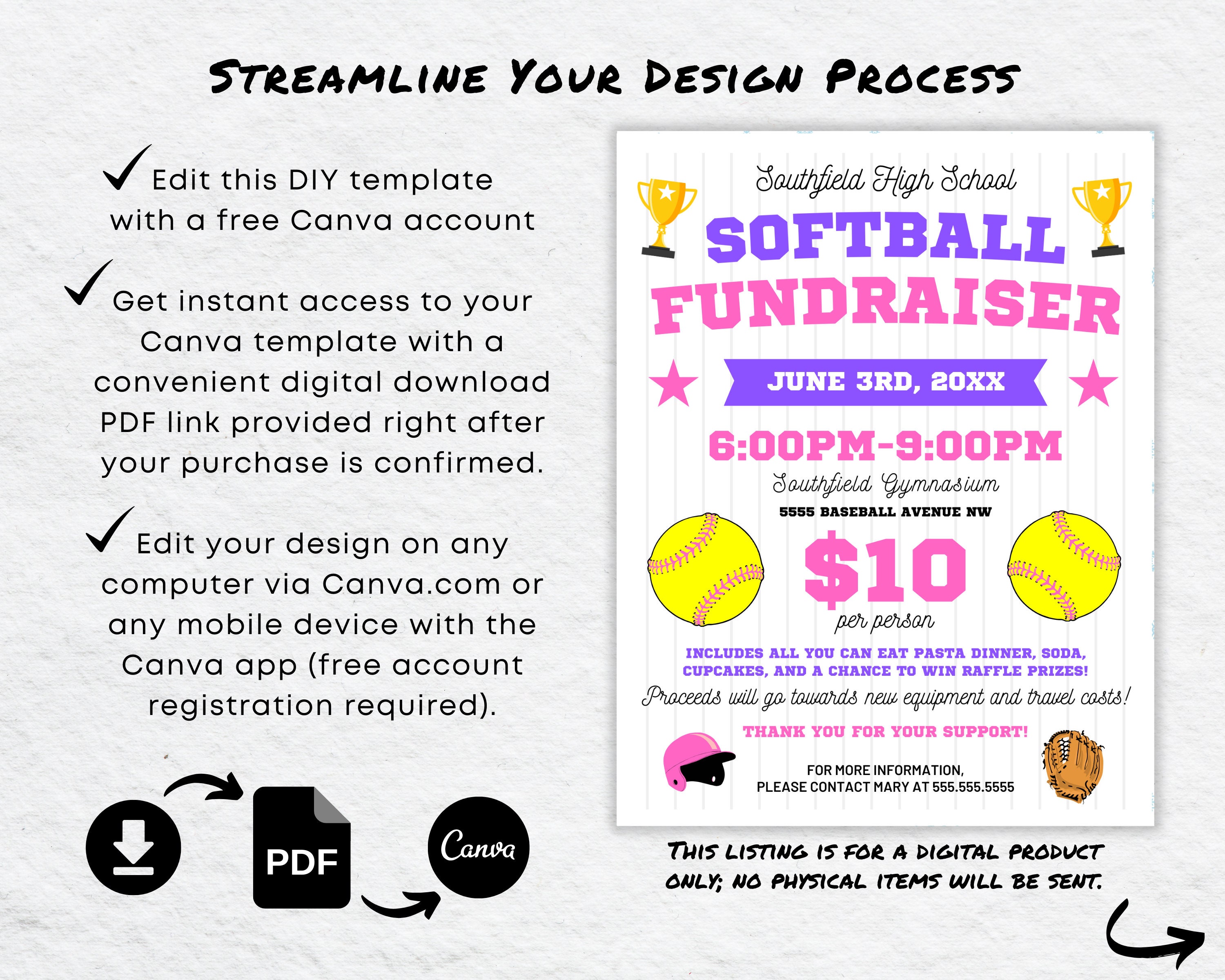 Editable Softball Fundraiser Flyer Template: Canva Raffle Poster ...