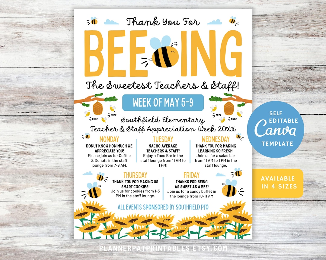 Bumble Bee Teacher Appreciation Week Itinerary Flyer (canva Template ...