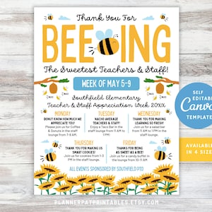 Bumble Bee Teacher Appreciation Week Itinerary Poster (canva Template ...