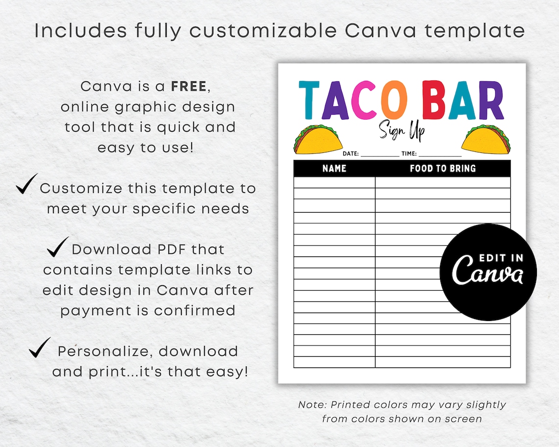Taco Bar Sign up Sheet Printable for Mexican Fiesta Potluck Party ...