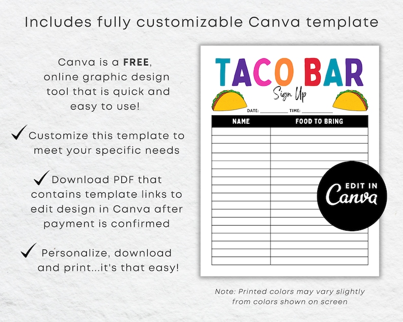 Taco Bar Sign up Sheet Printable for Mexican Fiesta Potluck Party ...