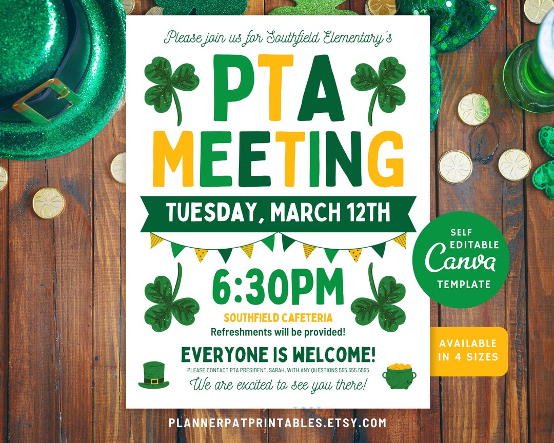 Editable March PTA Meeting Flyer, St Patrick Meeting Reminder, Canva - Etsy