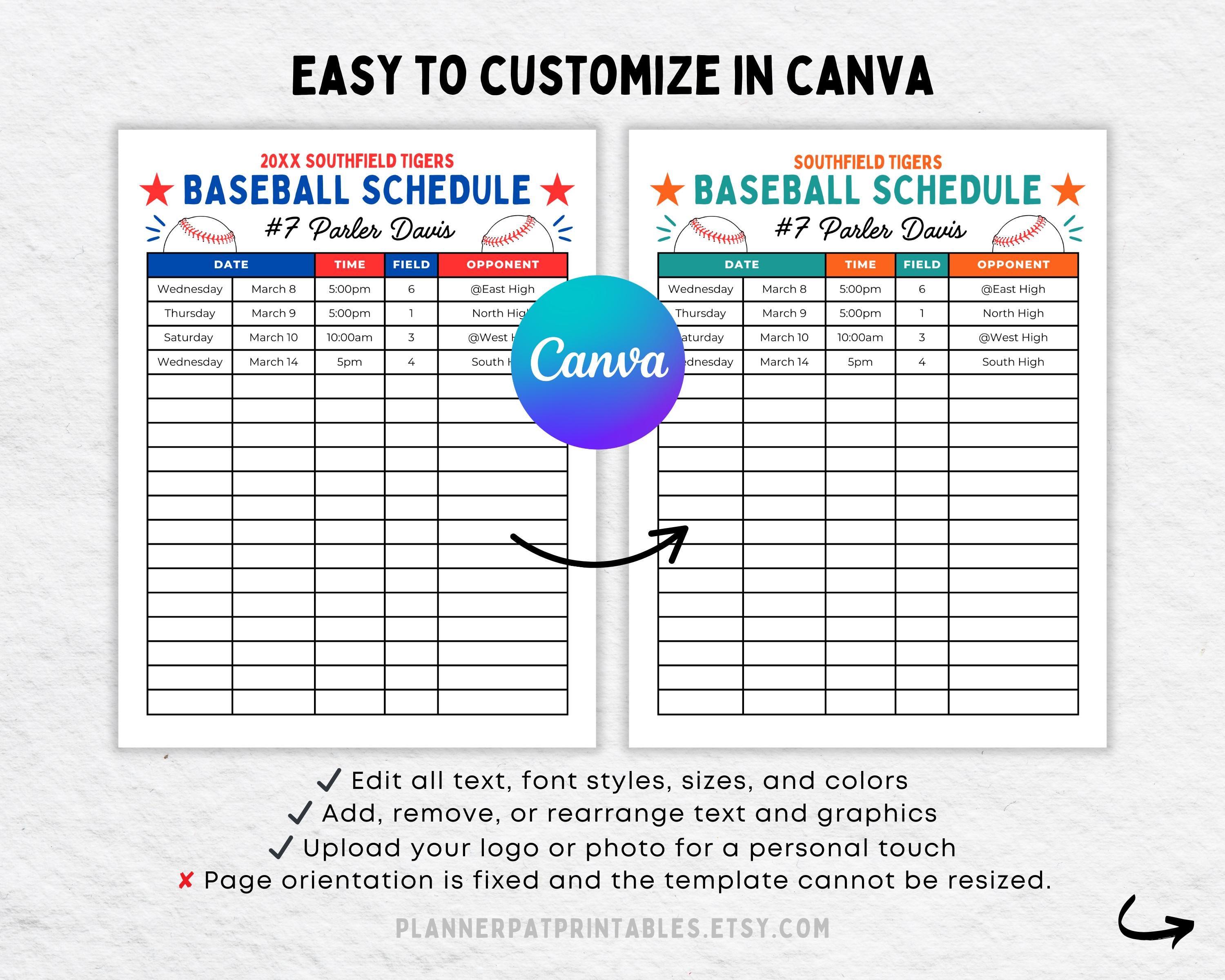 Editable Baseball Schedule Template | Canva Sports Game Calendar ...