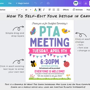 Editable Spring PTA Meeting Flyer Template, PTO PTA April News, Canva ...
