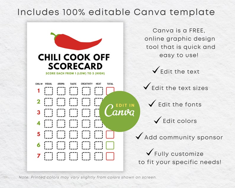 Printable Chili Cook off Scorecard, Editable Competition Template ...