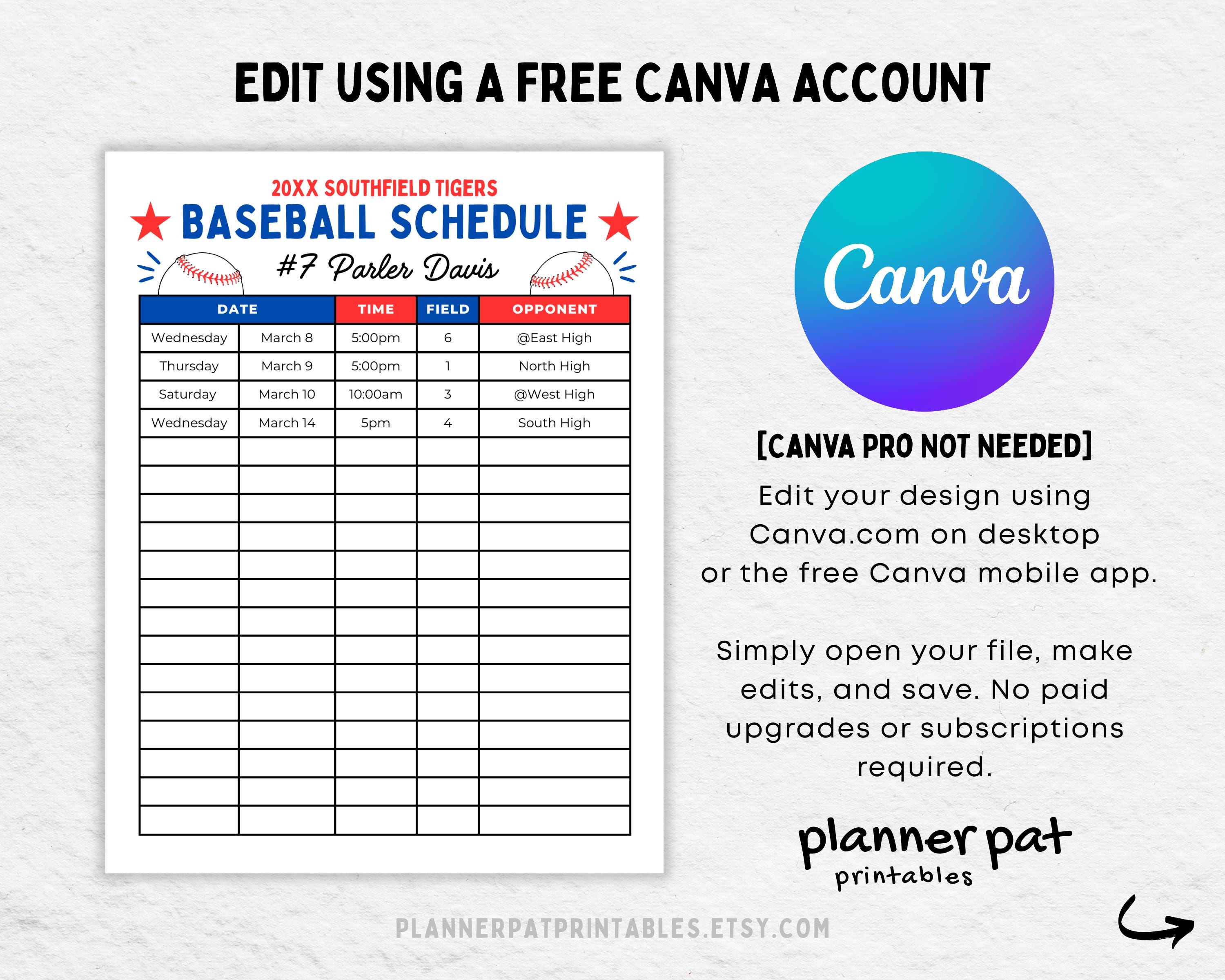 Editable Baseball Schedule Template, Team Game Calendar - Etsy