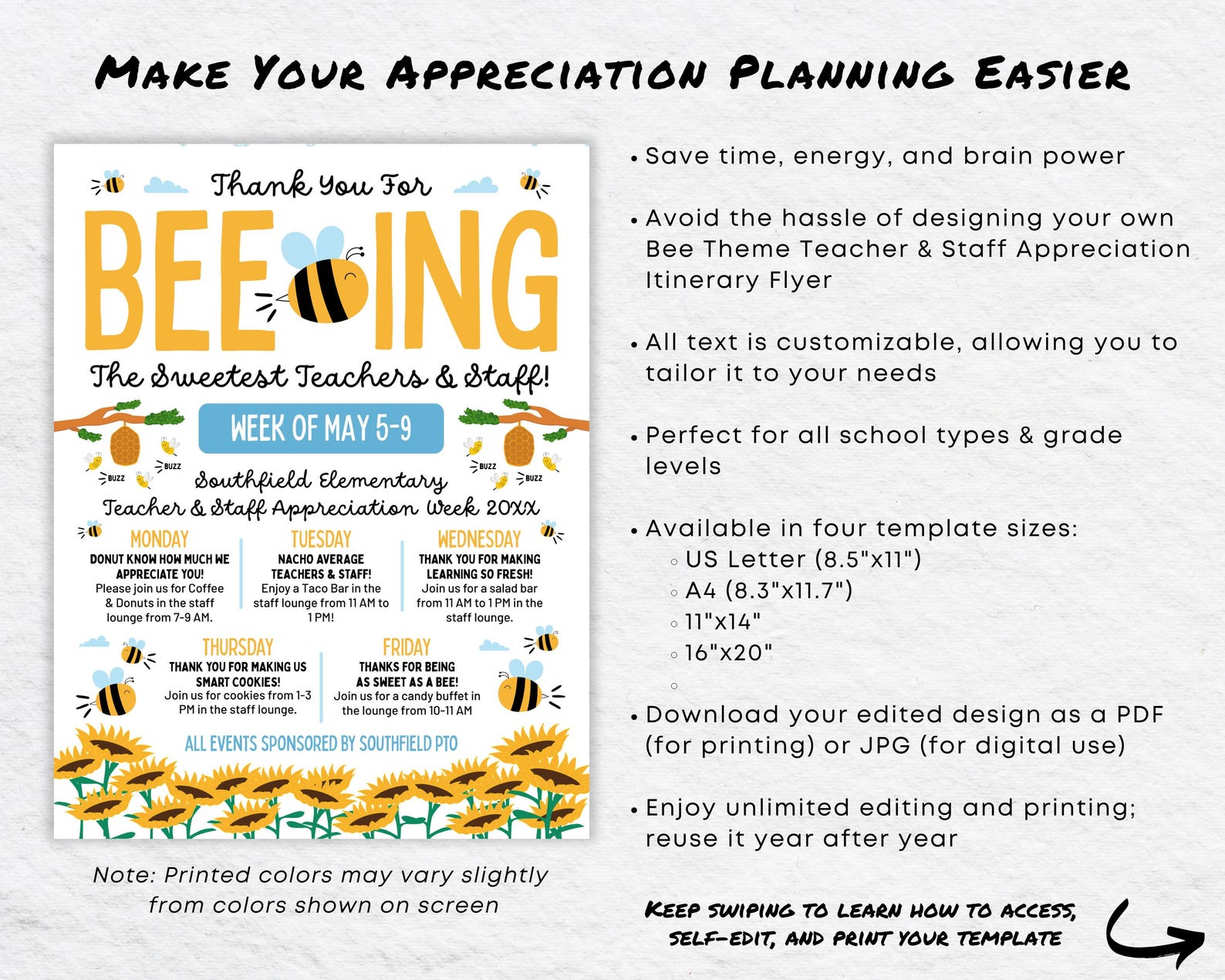 Bumble Bee Teacher Appreciation Week Itinerary Poster (canva Template ...