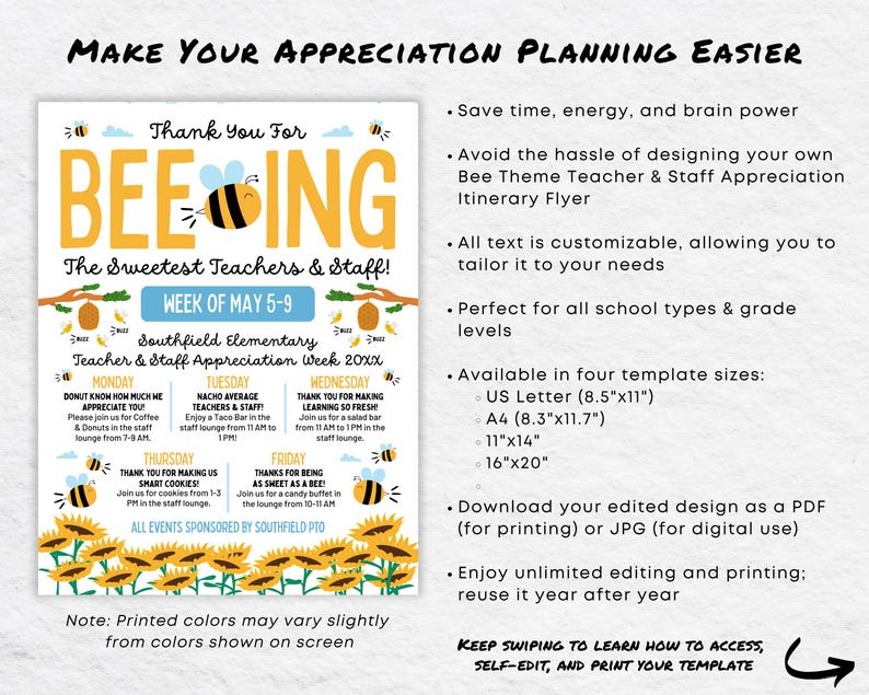 Bumble Bee Teacher Appreciation Week Itinerary Flyer (canva Template ...