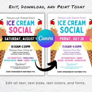 Editable Ice Cream Social Flyer Template: Printable Sundae Party Canva ...