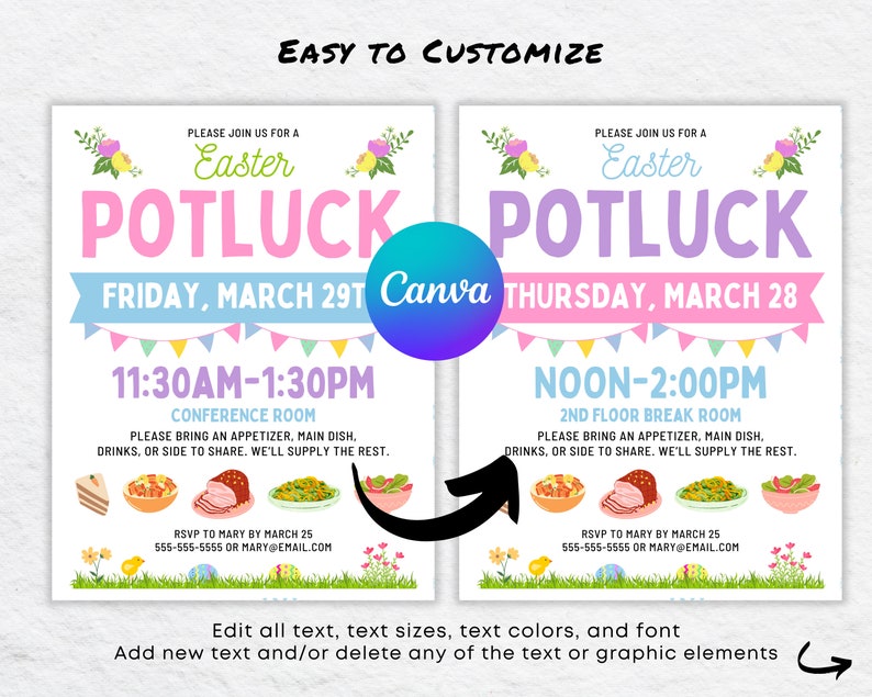 Editable Easter Potluck Invite, Spring Potluck Party Printable, Canva ...