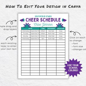 Editable Cheer Schedule Template, Cheerleader Practice or Game Calendar ...