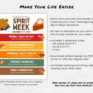 Editable Thanksgiving Spirit Week Schedule, Dress up Days, Canva - Etsy